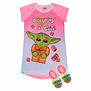 LEGO Star Wars Pajamas, Baby Yoda Nightshirt with Cozeez Slippers, Pink, Size Little Kids Size 7/8
