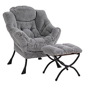 LITA Lazy Chair with Ottoman, Modern Accent Leisure Upholstered Sofa Chair, Contemporary Lounge Reading Chair with Armrests and a Side Pocket for Living Room, Bedroom & Small Space, Plush Grey