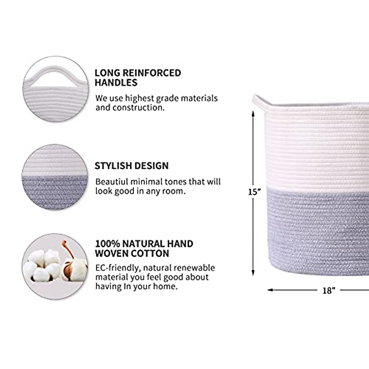 MRECHIR 2pc Large Woven Cotton Rope Basket with Handles 18" x 15" Laundry Hamper - Blanket Basket Living Room - Basket for Toys-Decorative Baskets for Storage - Pillow Basket - White&Grey