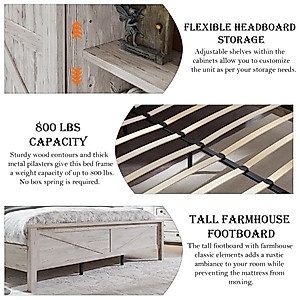 RedLemon Farmhouse Queen Size Bed Frame with Bookcase Headboard, Sliding Barn Door, Storage Cabinet, Charging Station, Wood Slats Support, No Box Spring Needed, Antique Brush White