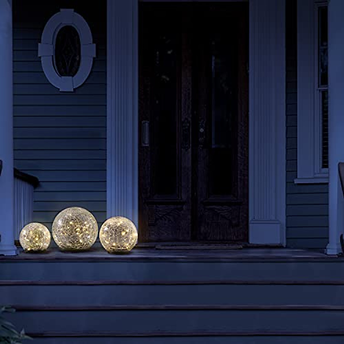 Solar Gazing Ball Light - 4 Inch Diameter Small Globe, Waterproof for Outdoor Use, Crackle Glass, Warm White LED Fairy Lights, Dusk to Dawn Timer, Garden/Pathway Decoration - Battery Included