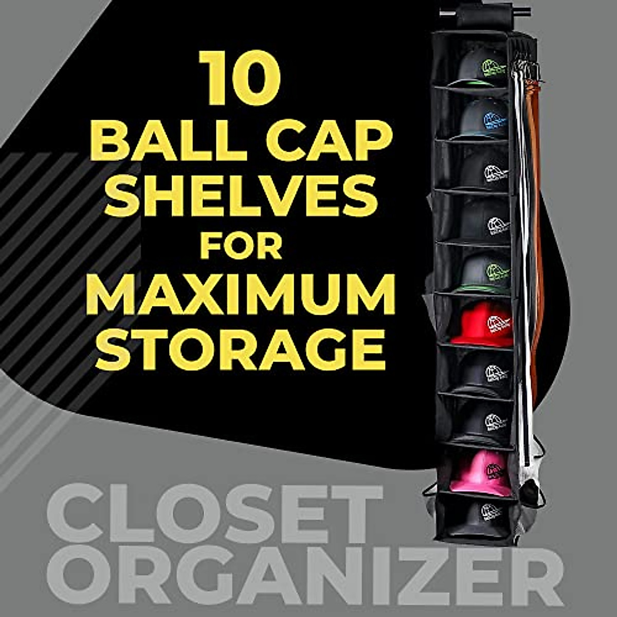 BallcapBuddy - Hanging Hat Organizer, Storage for Caps, Hats, Belts, Shoes & Accessories, Essentials Hat Organizer with Shelves, Side Pockets, and Hooks, 12 x 9 x 59 Inches, Black, Made in USA