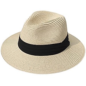 Lanzom Women Wide Brim Straw Panama Roll up Hat Fedora Beach Sun Hat UPF50+ (Khaki) One Size