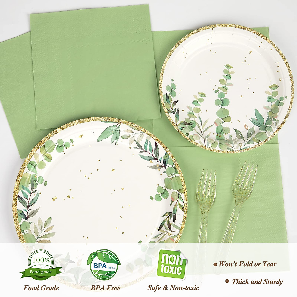 DECORLIFE Sage Green Paper Plates Serves 24, Baby Shower Plates and Napkins Set for Greenery Bridal Shower Birthday Party, Total 96PCS