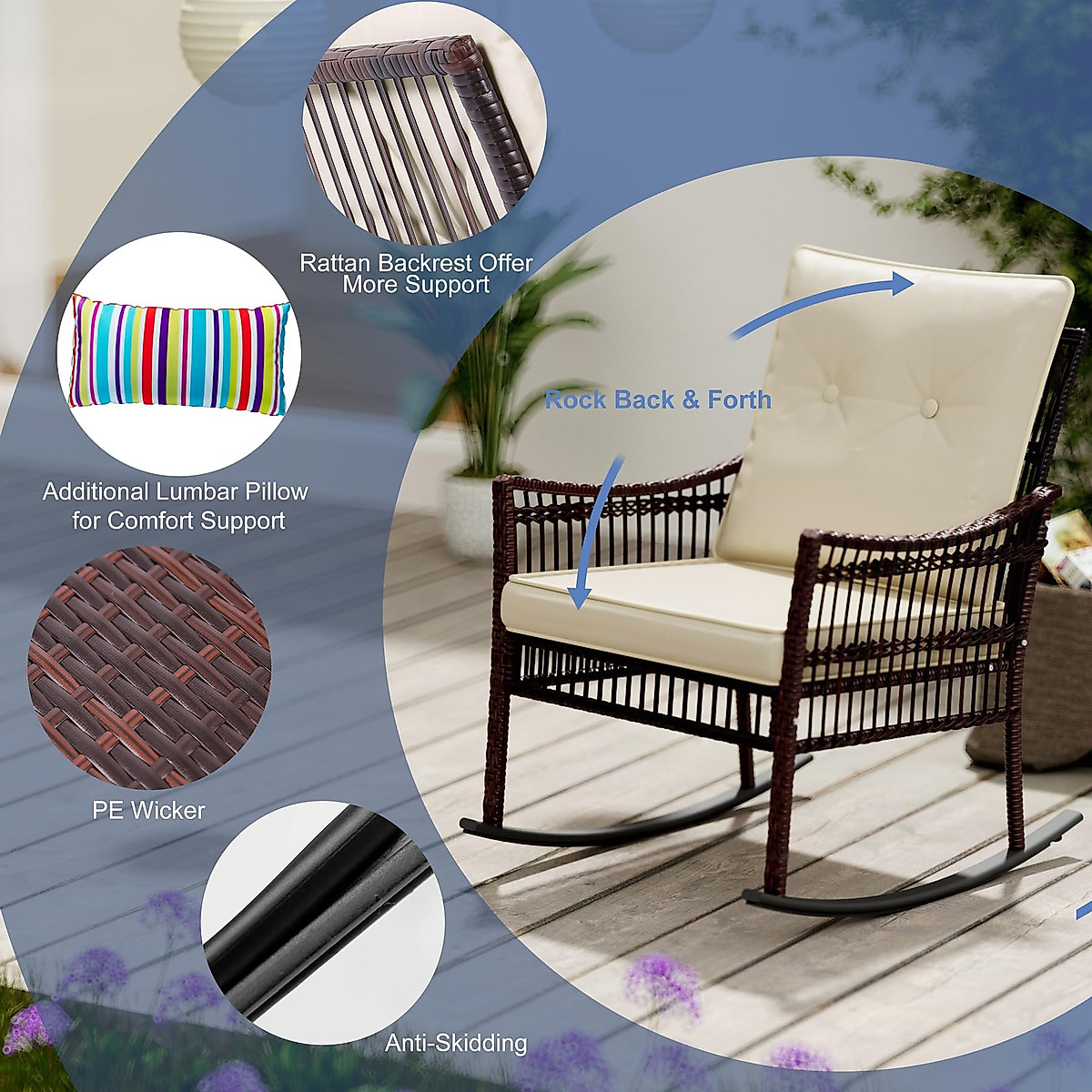 BALDPER 3 PCS Patio Conversation Chair Set with Coffee Table, Rocking Bistro Set, Outdoor Rocking Chairs Set, Wicker Furniture for Porch Deck Garden Poolside, Beige