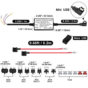 Range Tour Dash Cam Hardwire Kit Mini USB,12V-24V to 5V 2.5A Car Dash Camera Charger Power Cord, 3 cores, 4 Types / 8 adapters and 6 fuses, Hard Wire Kit Fuse for Dash Cam