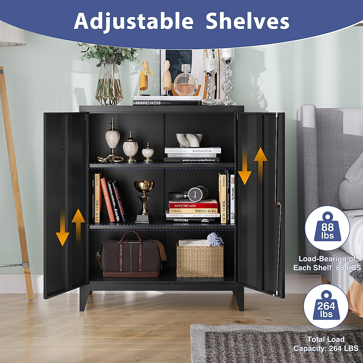 LISSIMO Metal Storage Cabinet,Home Office Cabinet with Doors and Adjustable Shelves,Locking Cabinet with Adjustabl Leg Levelers Assembly Required(Black)