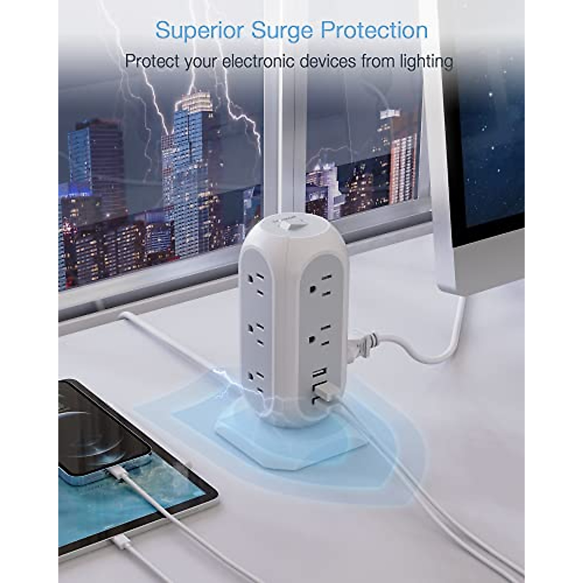 Tower Power Strip with 11 Outlets 3 USB Chargers, TESSAN Surge Protector Tower 1875W/15A, 6 Feet Extension Cord with Multiple Outlets, Flat Plug, Office Supplies, Desk Accessories, Dorm Essentials