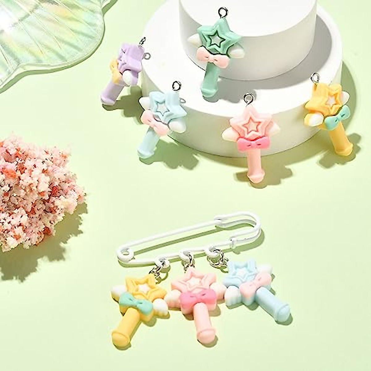LiQunSweet 30 Pcs 5 Colors Opaque Resin Star Magic Stick Charms Magic Wand Fairy Tale Charms for Birthday Party Halloween Christmas Princess Cosplay