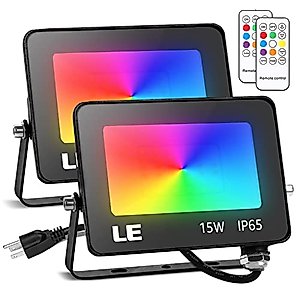 LED Flood Lights Outdoor 15W, RGB Color Changing Lighting with Remote, IP65 Waterproof, Dimmable Plug in Outdoor Floodlights for Garden, Yard, Party and Patio, 2 Pack