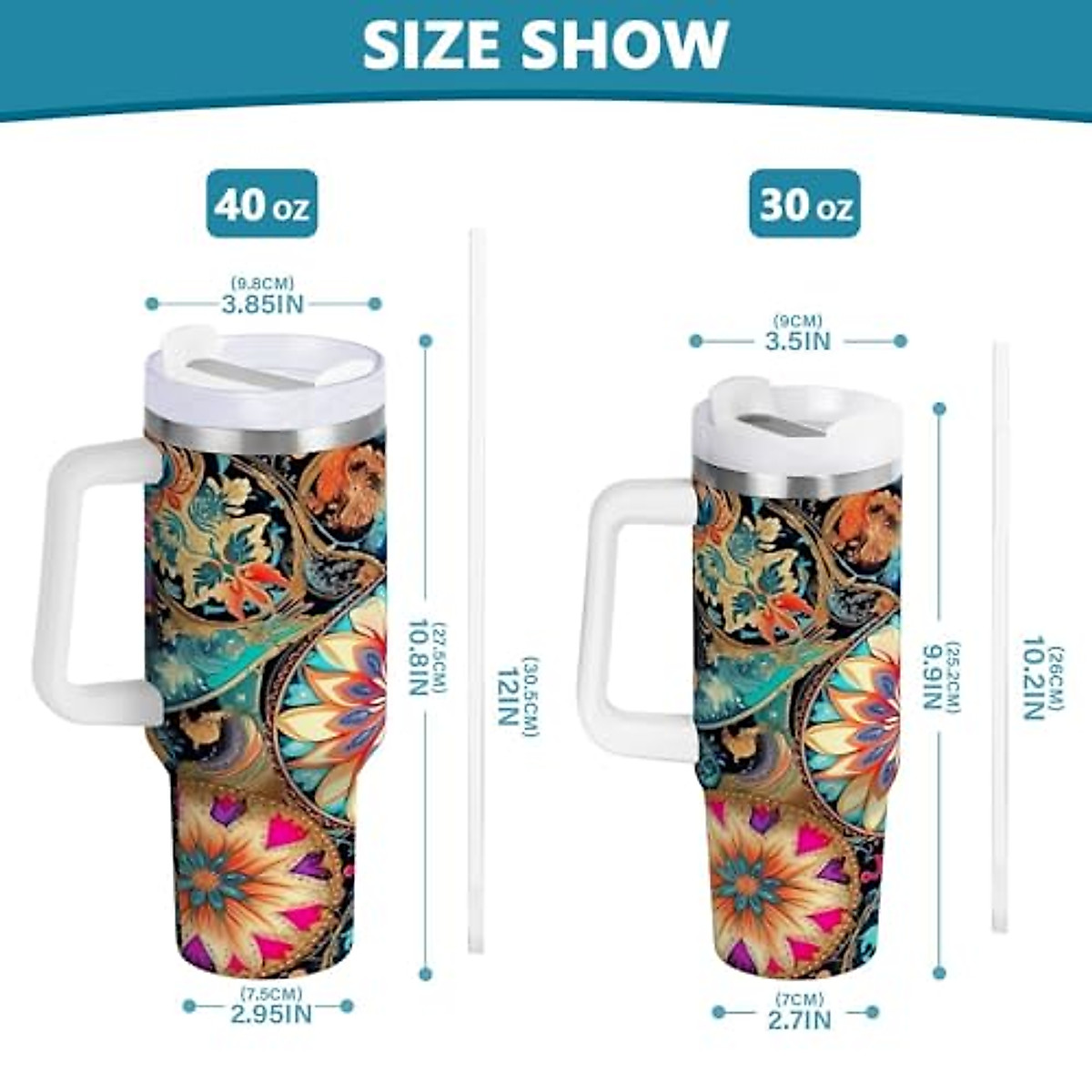 Jihqo Colorful Oriental Textile Tile 40 oz Stainless Steel Vacuum Insulated Tumbler with Handle and Straw Lid, Leakproof Water Bottle Double Wall Travel Mug Coffee Cup, Cupholder Friendly