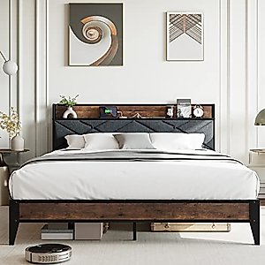 King Size Bed Frame with USB Ports, Platform Bed Frame with Storage Headboard, Solid Wood Slats Support, No Box Spring Needed, Noise-Free, Light Gray