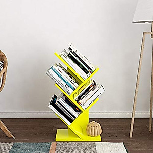 QUMENEY Tree Bookshelf, 5 Shelf Display Bookcase,Tree Bookcase for Books/CDs/Albums/Files Holder, Free Standing Book Shelves Organizer for Office，Bedroom, Living Room (Yellow)