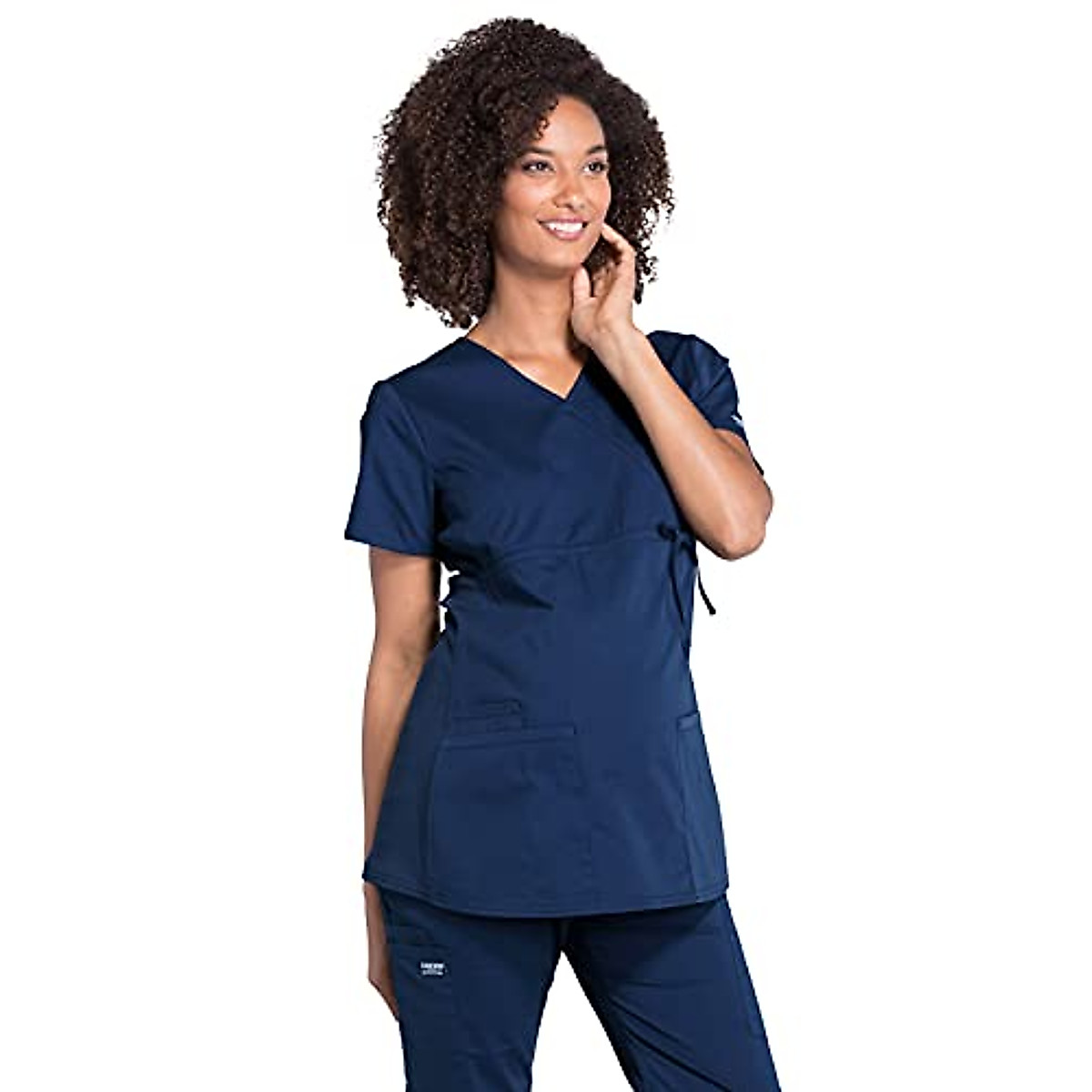 Cherokee Women's Maternity Scrub Top with 3 Pockets Mock Wrap WW685, M, Navy