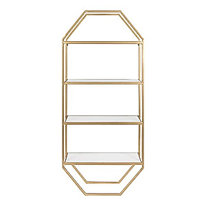 Kate and Laurel Adela Modern Octagon Wall Shelf, 18.25 x 7.5 x 41, White and Gold, Glam 4-Tier Shelf for Storage and Display
