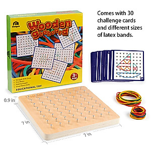 Coogam Wooden Geoboard Mathematical Manipulative Material Array Block Geo Board – Graphical Educational Toys with 30Pcs Pattern Cards and Latex Bands Shape STEM Puzzle Matrix 8x8 Brain Teaser for Kid