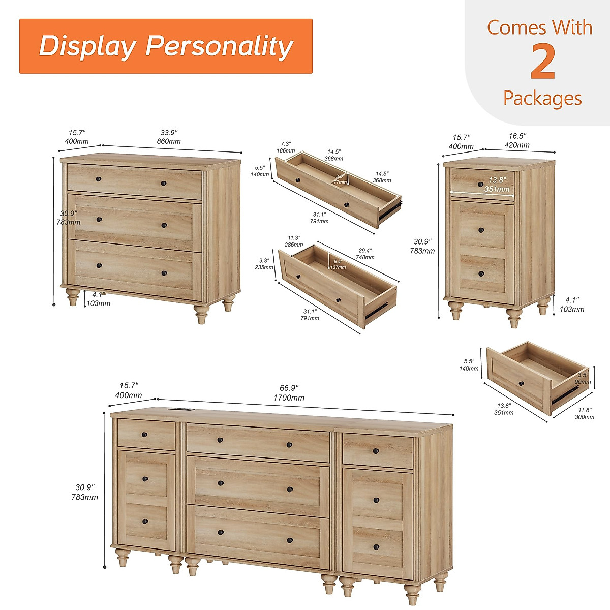 WAMPAT Dresser for Bedroom with 5 Drawers and 2 Storage Cabinet, End Table with Charging Station for Living Room, Mid Century Modern Kids Dressers with Wide Chest of Drawers for Nursery, Oak