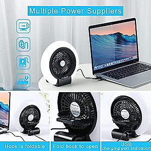 Camping Fan, Tent Fan with Hanging Hook Portable Fan with Light Mini USB Fan,Standing Cooling Fan,Hanging,Fishing,Hiking Ceiling Fan led Camp Lantern Fan Silenced Sleep Fan Outdoor Indoor (Grey)