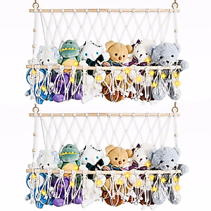 2 Pcs Stuffed Animal Hammock with LED Light, No Battery, Macrame Stuffed Animal Toy Hammock for Neatly Store Hanging Plush Animals Toys Animals Net Storage Organizer for Nursery Play Room Bedroom