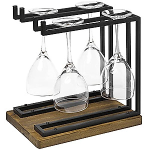 MyGift Industrial Metal Wine Glass Rack Holder Stand with 2 Hanger Bars and Rustic Wooden Base, Countertop Hanging Stemware Holder