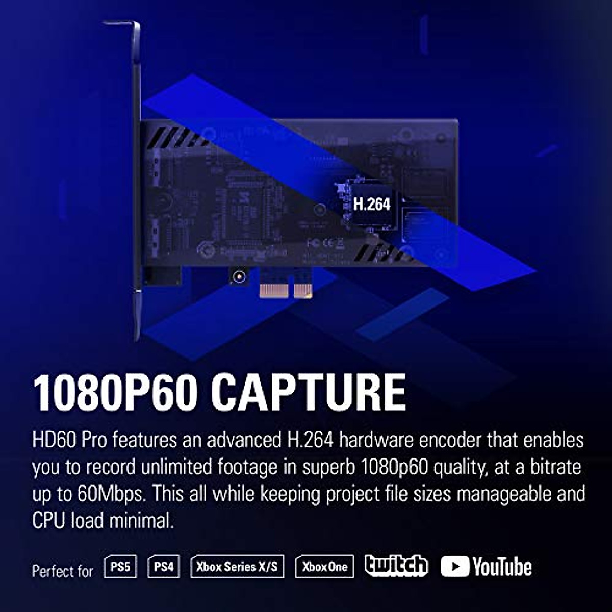 Elgato HD60 Pro1080p60 Capture and Passthrough, PCIe Capture Card, Low-Latency Technology, PS5, PS4, Xbox Series X/S, Xbox One, black