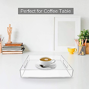 NIUBEE Acrylic Serving Tray 16x20 Inches -Spill Proof- Clear Decorative Tray Organiser for Ottoman Coffee Table Countertop with Handles