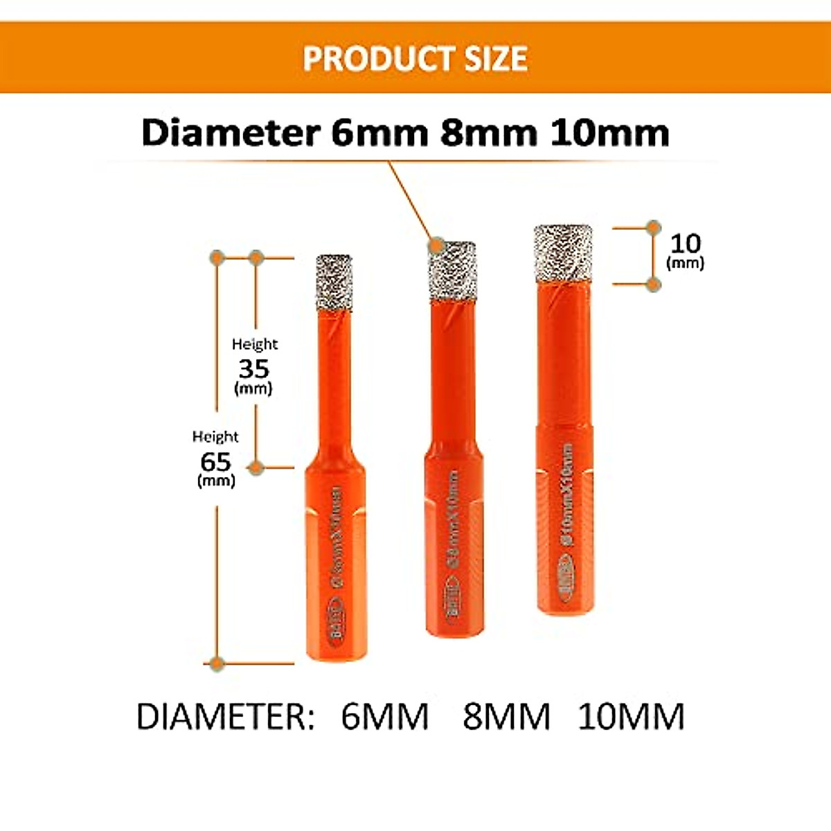Dry Diamond Core Drill Bit, BGTEC 5Pcs 6mm 6mm 6mm 8mm 10mm Vacuum Brazed Hole Saw with Triangle Shank for Porcelain Tile Ceramic Granite Marble Masonry