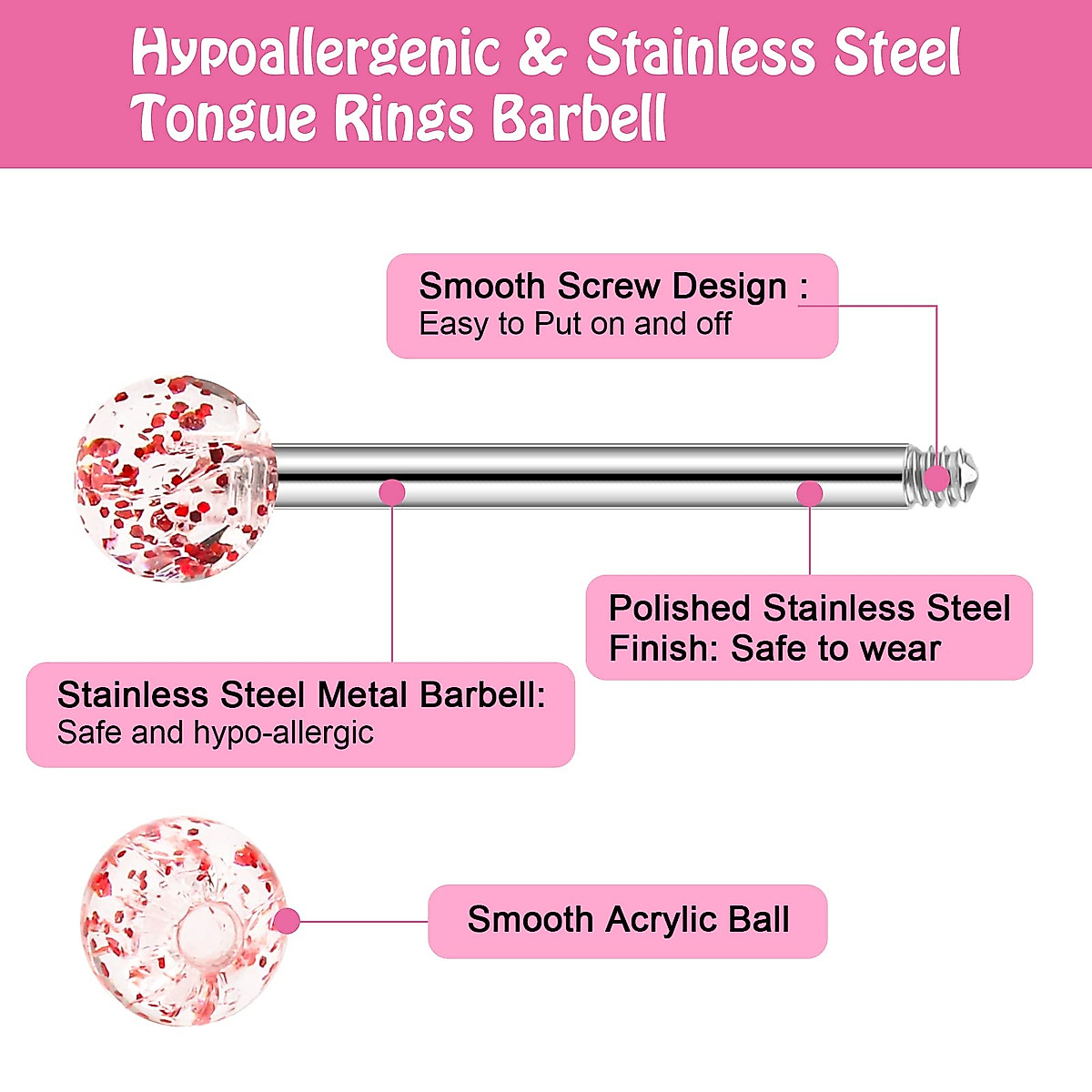 CrazyPiercing Assorted Tongue Rings, 14G Stainless Steel Tongue Piercing Rings Assorted Barbell bar Nipple Cute Tongue Rings for Women Men（13PCS）