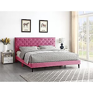 King Upholstered Platform Bed Frame with 48" Tall Adjustable Headboard - Button Tufted Suede Velour Bed- Wood Slat Support with Storage Space - No Box Spring Needed - Pink - OLIVER & SMITH - Princeton