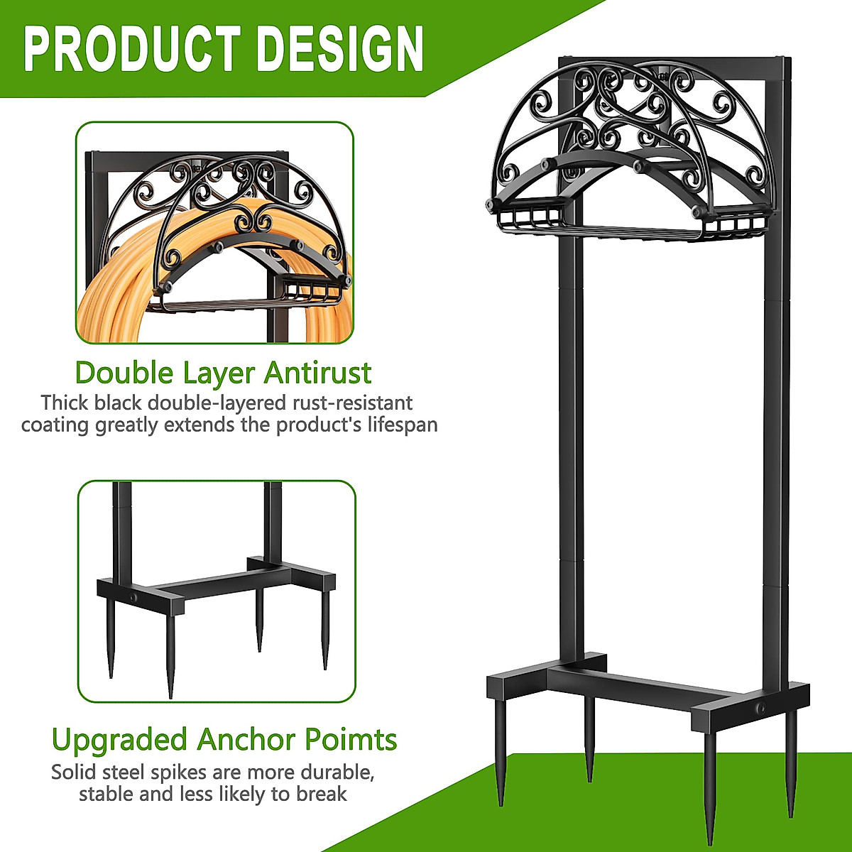 Gayuteay Garden Hose Holder - Upgraded Water Hose Holder Holds 150-feet Hose, Freestanding Heavy Duty Metal Hose Stand Detachable Design, Sturdy Outdoor Garden Hose Storage Rack for Outside Yard Lawn