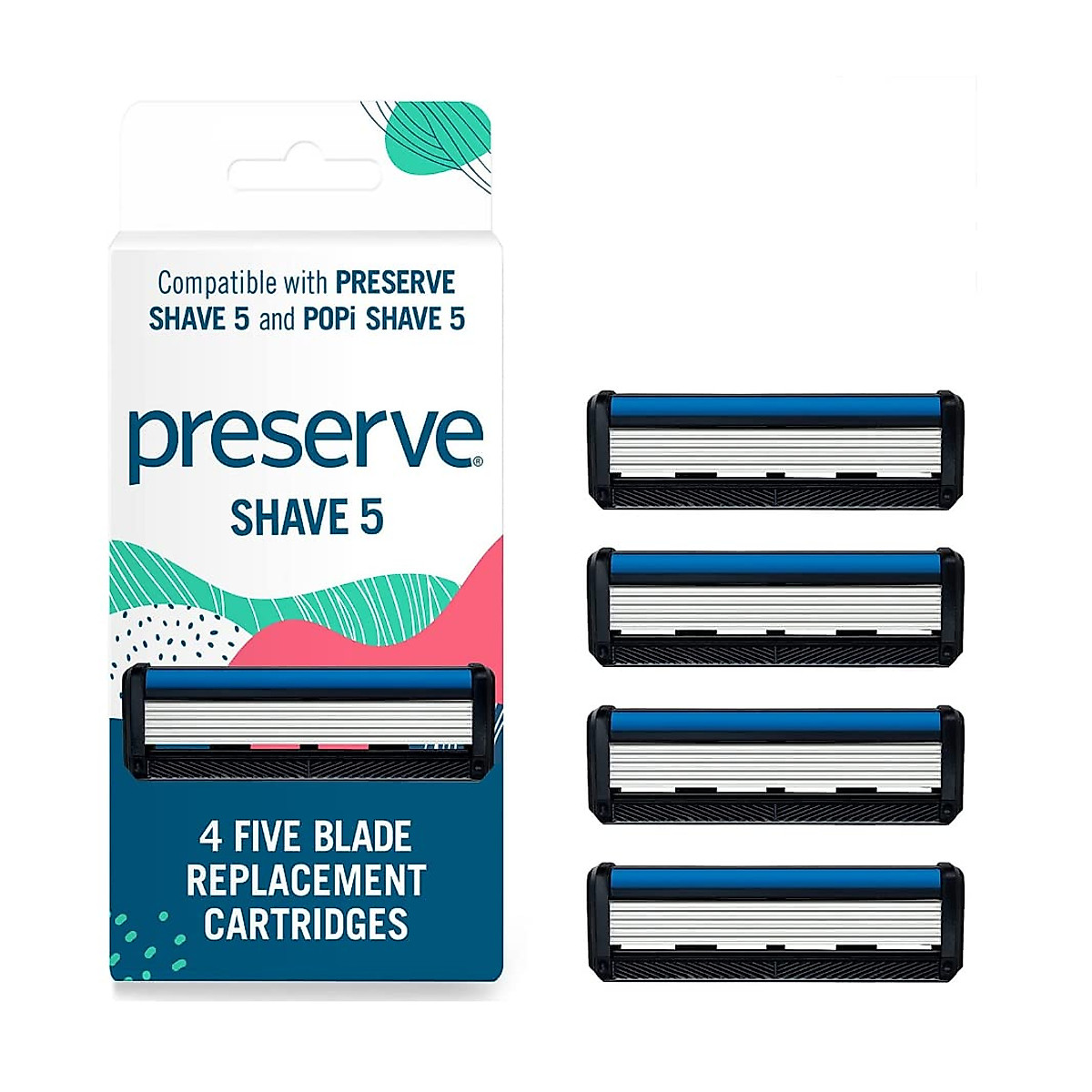 Preserve Shave 5 Five Blade Refillable Razor, Made from Recycled Materials, Navy Blue and Preserve Five Blade Replacement Cartridges Wave Edition (4 Count) Bundle