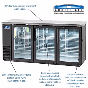 Arctic Air ABB72G 73-Inch Glass 3-Door Commercial Back Bar Refrigerator, 20.7 Cubic Feet and 84 6-Packs Capacity, 115v