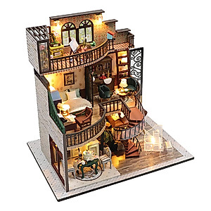 SYCW DIY Dollhouse Miniature Wooden Furniture Kit with Dust Cover and Music Box, Doll House Kit with LED Light, Mini Handmade Wooden Dollhouse Toys, Multicolored