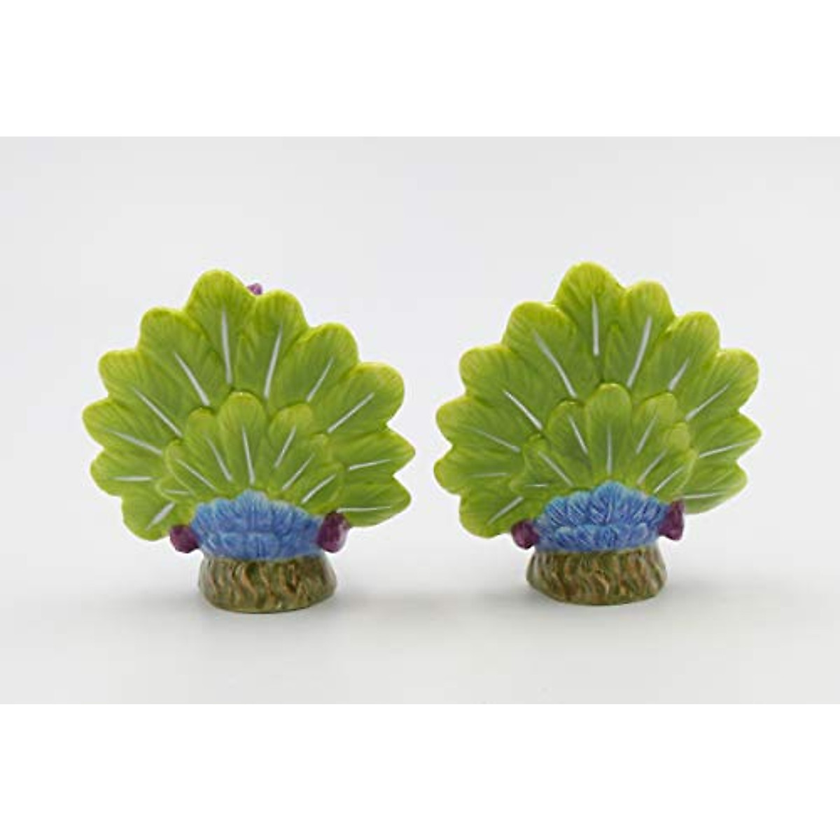 Fine Porcelain Peacock Open Fan Tail Salt & Pepper Shakers Set, 3-1/8" H