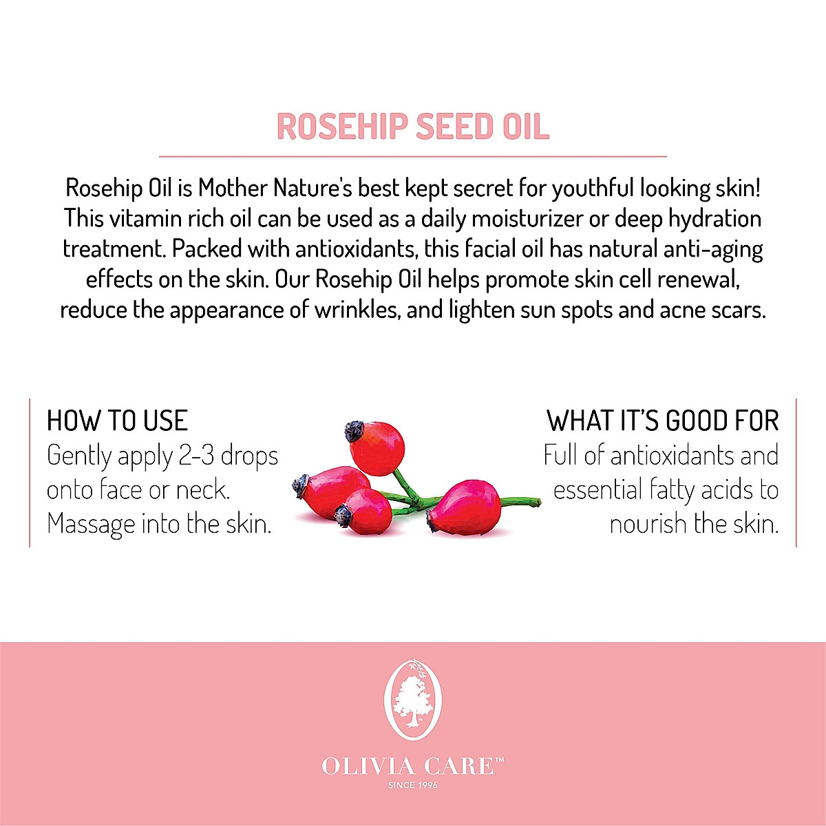 Olivia Care Rosehip Seed Oil Serum Natural Moisturizer for Face, Body & Skin with Vitamins E, C, A & Omega 6, Perfect for Treating Wrinkles, Acne Scars, Sun Spots, Dark Circles & Anti-Aging - 1 OZ