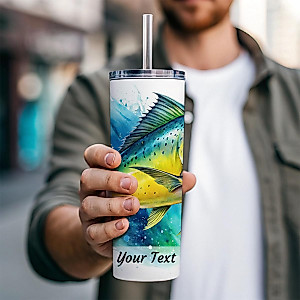 Personalized Custom Name Text Mahi Mahi Fish Watercolor Skinny Tumbler 20oz with Straw Insulated Water Bottle Gift - 1 Line Horizontal