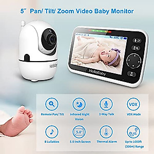 HelloBaby Monitor, 5''Display with 30-Hour Battery, Pan-Tilt-Zoom Video Baby Monitor with Camera and Audio, Night Vision, 2-Way Talk, Temperature, 8 Lullabies and 1000ft Range No WiFi, Ideal for Gifts