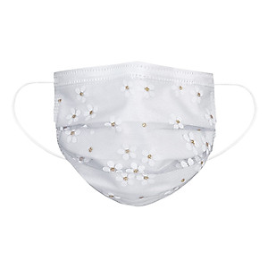 Hozxclle 50 Pcs Net Yarn Flowers Disposable Face_Masks Four-Layer Face Protection for Women, Beautiful Elegant Lace Floral Print Breathable Anti-dust Covering with Elastic Earloop & Nose Clip, White