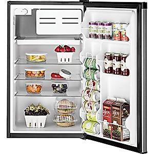 GE Mini Fridge With Freezer | 4.4 Cubic Ft. | Single-Door Design With Glass Shelves, In-Door Can Rack & Small Freezer | Small Refrigerator Perfect for the Garage, Dorm Room, or Bedroom | Clean Steel