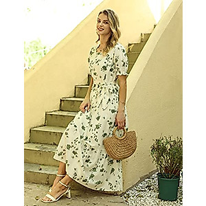 YESNO Women's 2023 Summer Casual Square Neck Floral Dress Ruffle Puff Short Sleeve Belted Maxi Dress with Pockets L E16 CR355