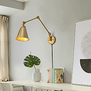 SUNLLOK Modern Gold Plug in Wall Sconce with Switch - Industrial Adjustable Swing Arm Hanging Wall Light Fixture - Indoor Metal Rustic Reading Wall Mounted Lamp Decoration for Living Room Kids Bedroom