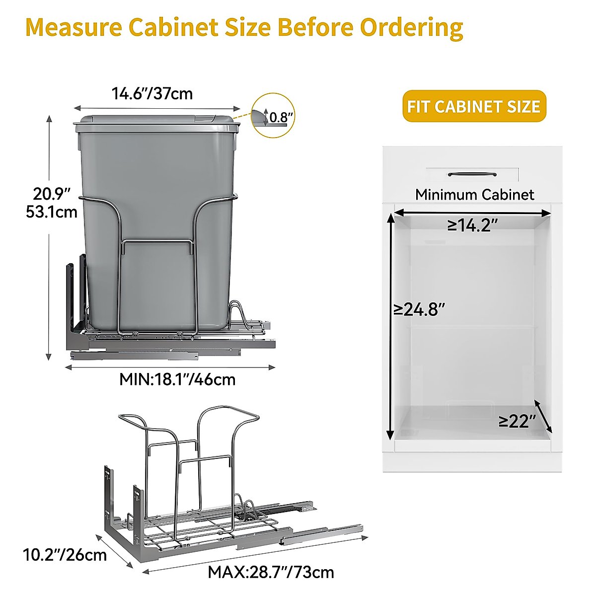 34-Quart Pull-Out Trash Can with Soft Close and Lid for 14.2" W x 22" D x 24.8" H Min Cabinets, Sliding Under Mount Kitchen Pullout Waste Container Trash Can, Gray