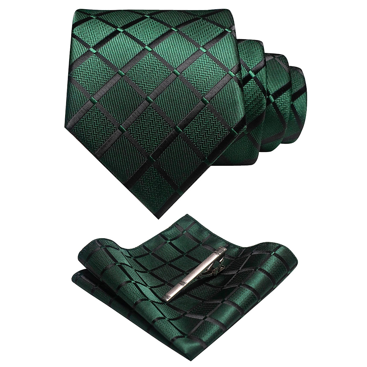 JEMYGINS Plaid Green Tie and Pocket Square Hankerchief Mens Silk Necktie with Tie Clip Sets(4)