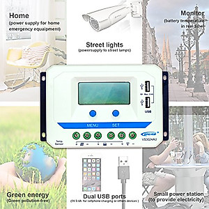 EPEVER Solar Charge Controller 30A PWM VS3024AU with Dual USB Ports Solar Panel Battery Regulator 12V/24V Auto Work with LCD Display (30A)