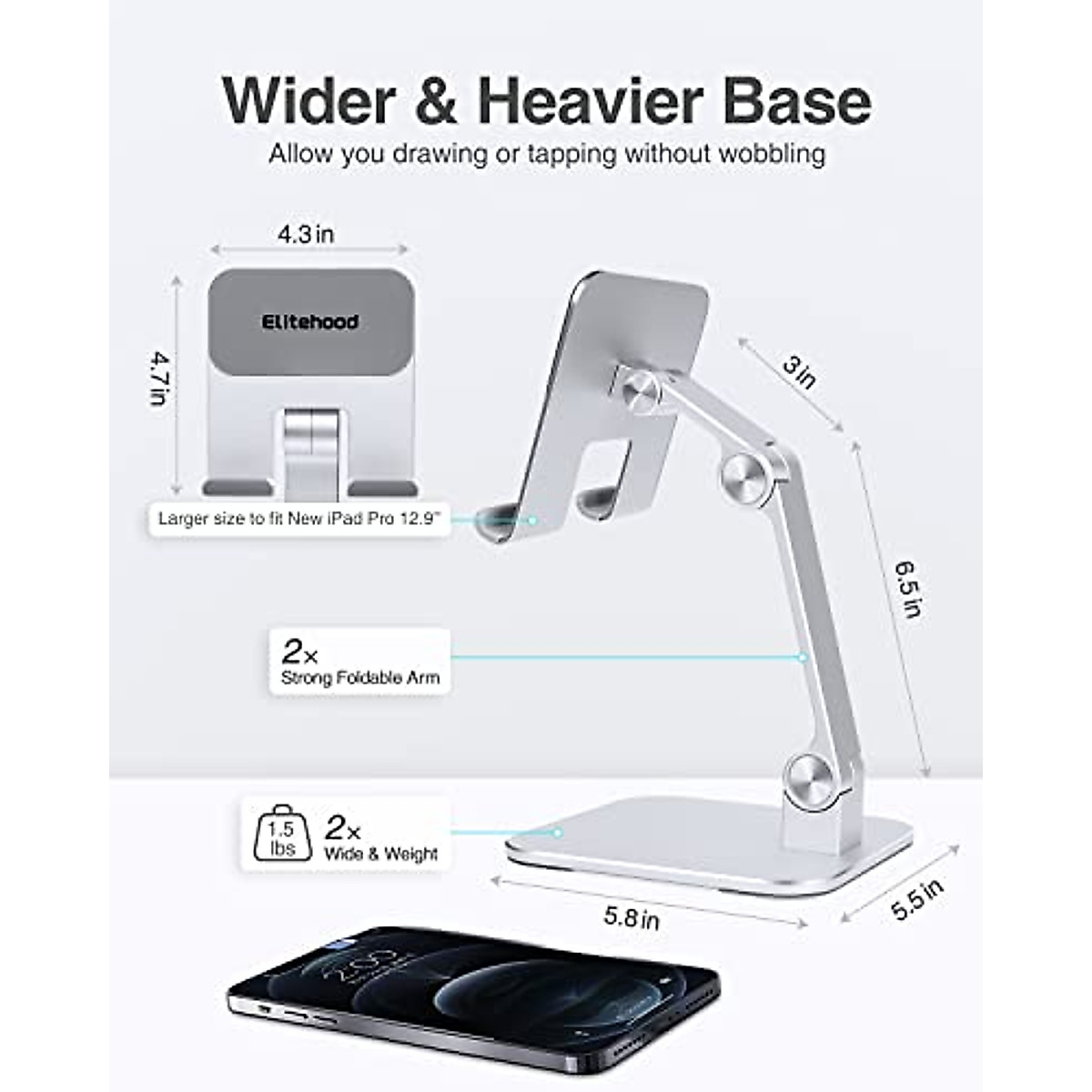elitehood Aluminum iPad Stand, Adjustable iPad Stand Holder for Desk, Desktop Tablet Stand Dock for iPad Pro 12.9 11, iPad Air Mini 4 5 and More 4-13.5 inches Tablets, Silver