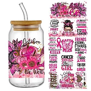 UV DTF Cup Wrap for Glass 16oz, 5 Sheetes uvdtf Breast Cancer Awareness Transfers Stickers Cup Decals, Rub on Transfers Glass Cup Stickers for Tumbles Crafts, Permanent Adhesive, No Heat Needed