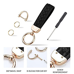 Hamdecro Genuine Leather Car Keychain, Handmade Knit Sheepskin Key chains for Women, Universal Key Fob Holder with 360 Degree Rotatable, Anti-Lost D-Ring, 2 Keyrings and 1 Screwdriver – Black