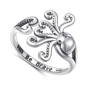 Sea Jewelry S925 Sterling Silver Octopus Ring New Pirate Octopus Tentacles Black Opening Ring Cute Sea Animal Ring for Women