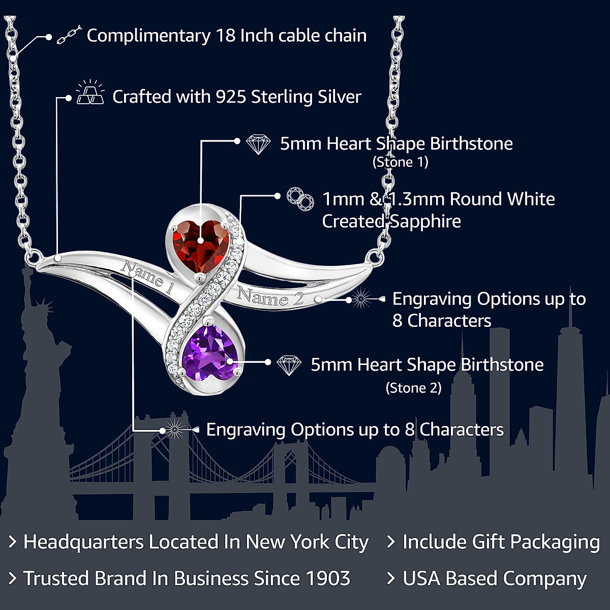 Gem Stone King 925 Sterling Silver Customized and Personalized Engraved Gemstone Birthstone 2 Heart Shape Pendant Necklace Promise Love Jewelry For Women with 18 Inch Silver Chain