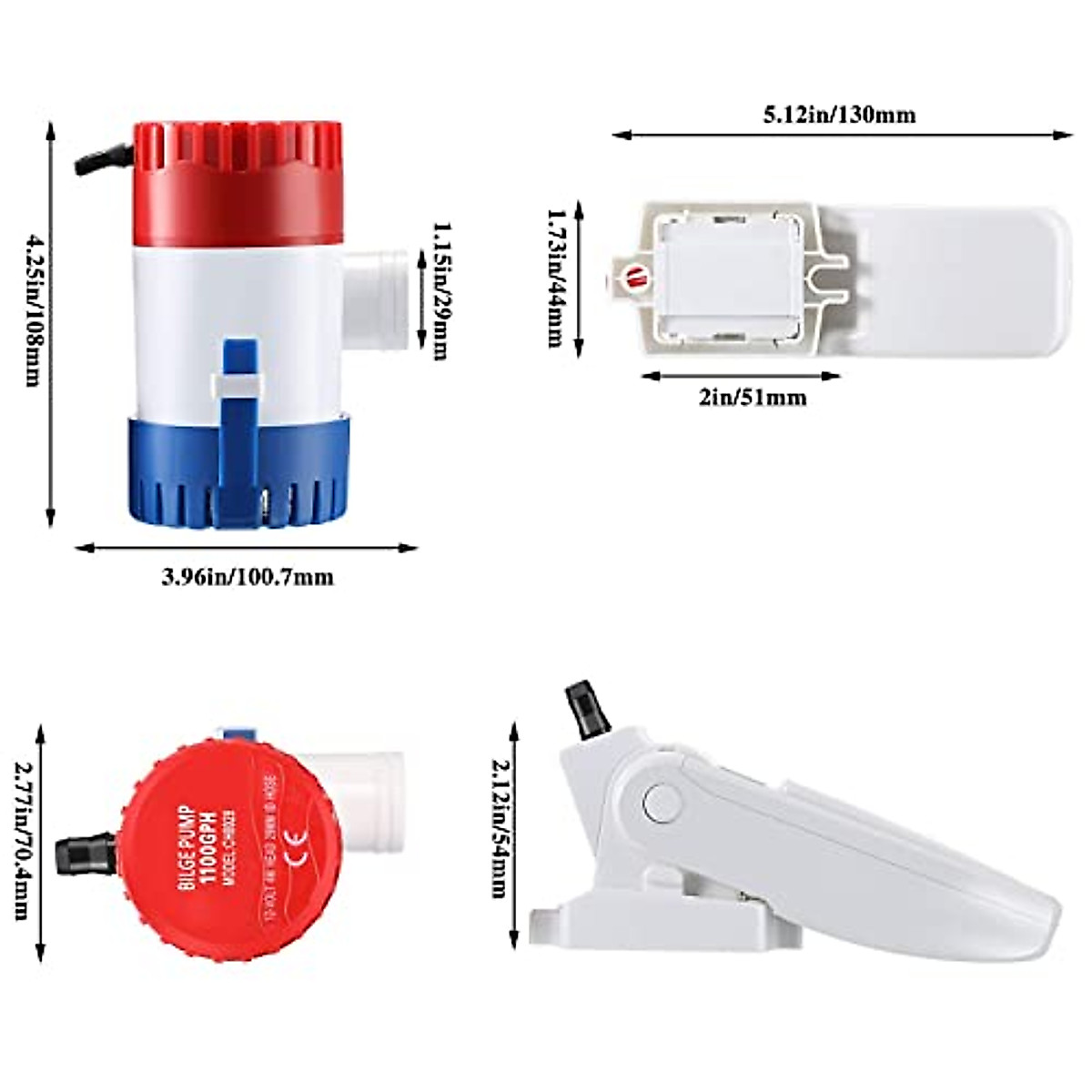 Boat Bilge Water Pump 12 V 1100 GPH Electric Marine Bilge Pump and Automatic Boat Bilge Pump Float Switch 12 V 24 V 32 V for Boats, 2 Pieces in Total